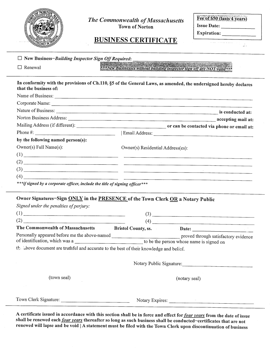 Business Certificates | Town of Norton MA